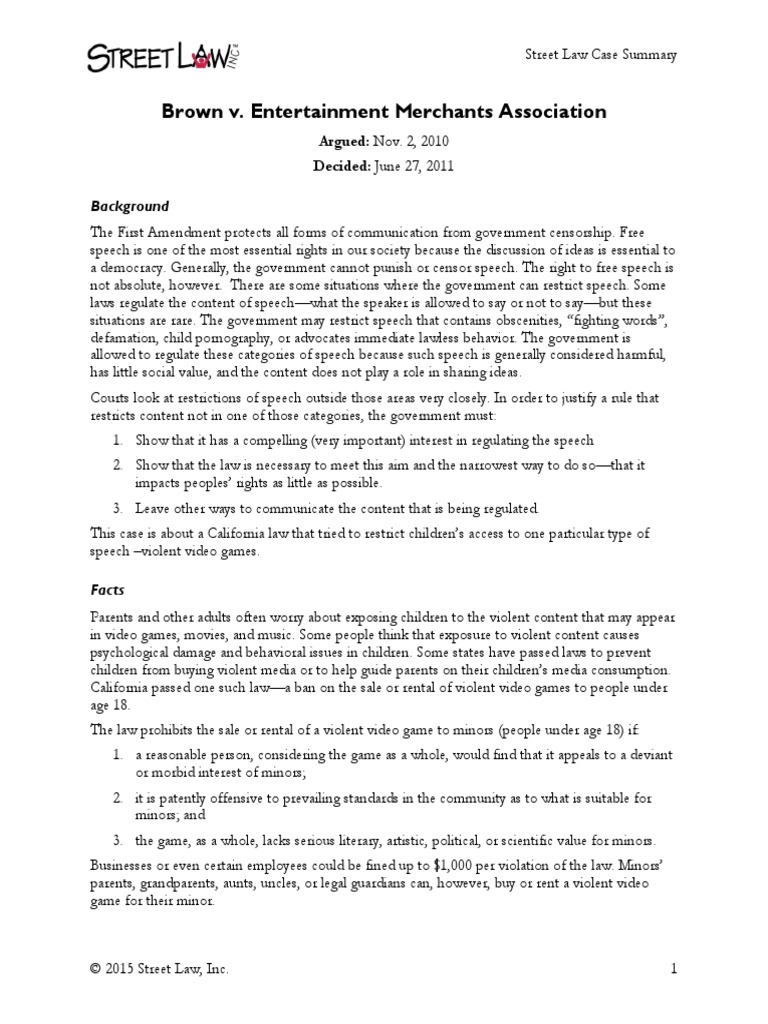 8b-Brown v. Entertainment Merchants Association Case Summary | PDF ...