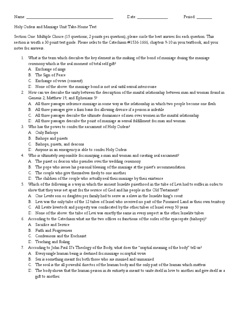 Unit 4 Sacraments Test | PDF | Catholic Church | Eucharist