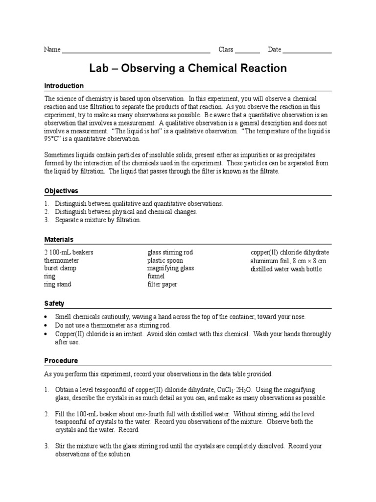 Lab - Observing A Chemical Reaction | PDF | Filtration | Chemistry