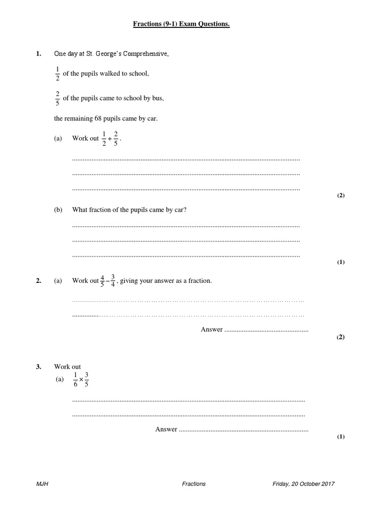 9 1 Gcse Exam Questions Fractions Pdf Numbers Arithmetic
