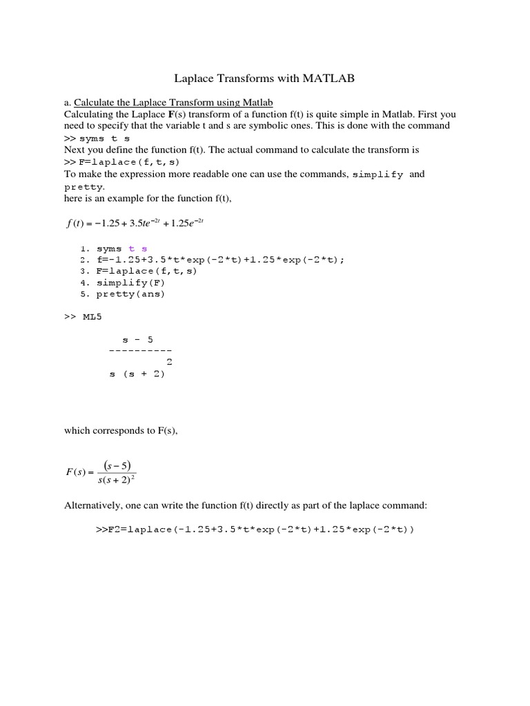 MATLAB Laplace Transform Guide | PDF | Laplace Transform | Mathematical Analysis