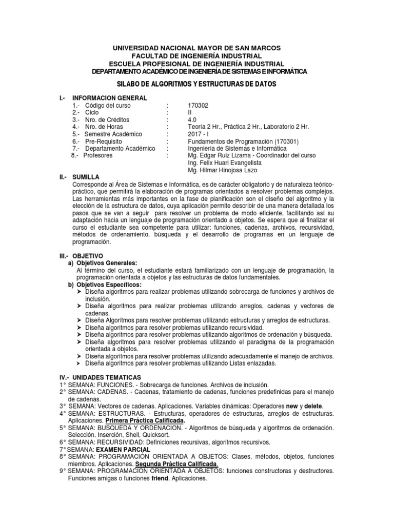 Silabo Algoritmos y Estructuras de Datos 17 2 Industrial | PDF | Algoritmos | Programación de ...