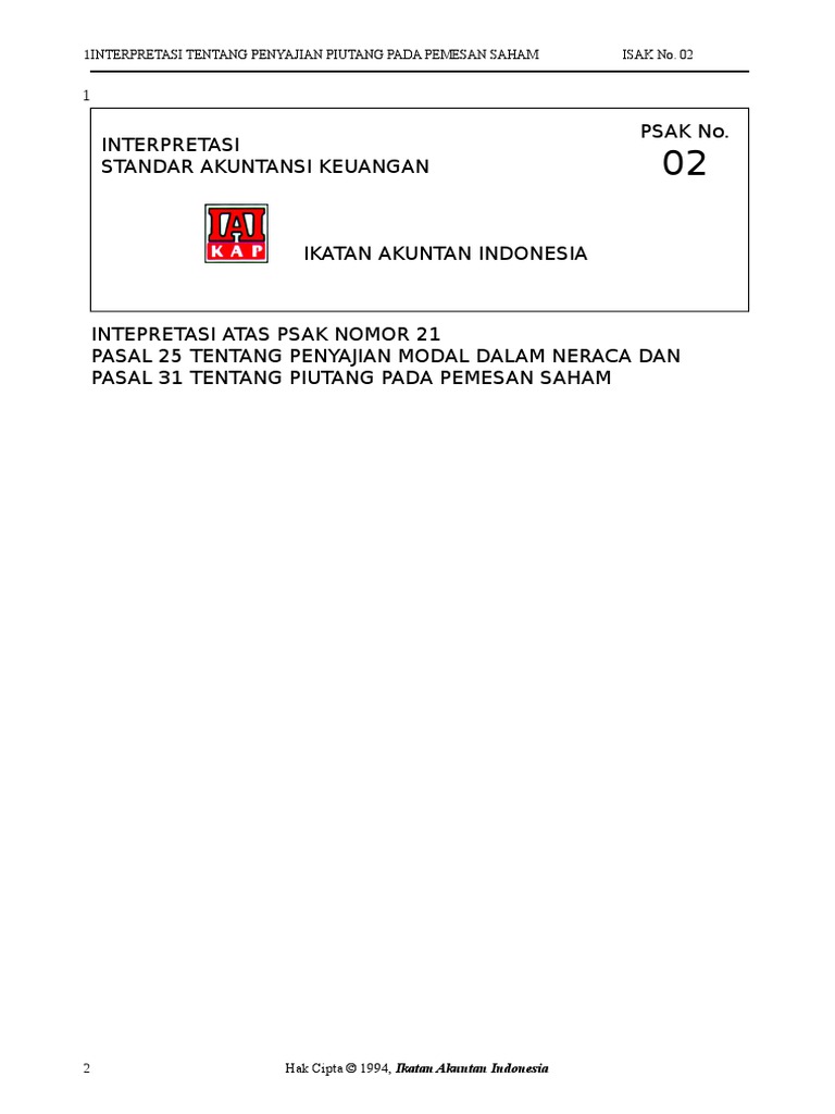 Isak No. 02 Intepretasi Atas Psak Nomor 21 Pasal 25 Tentang Penyajian Modal Dalam Neraca Dan ...