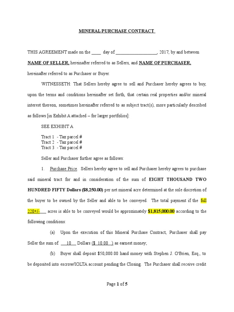 Mineral Purchase Agreement Tmepalte | PDF | Deed | Prices