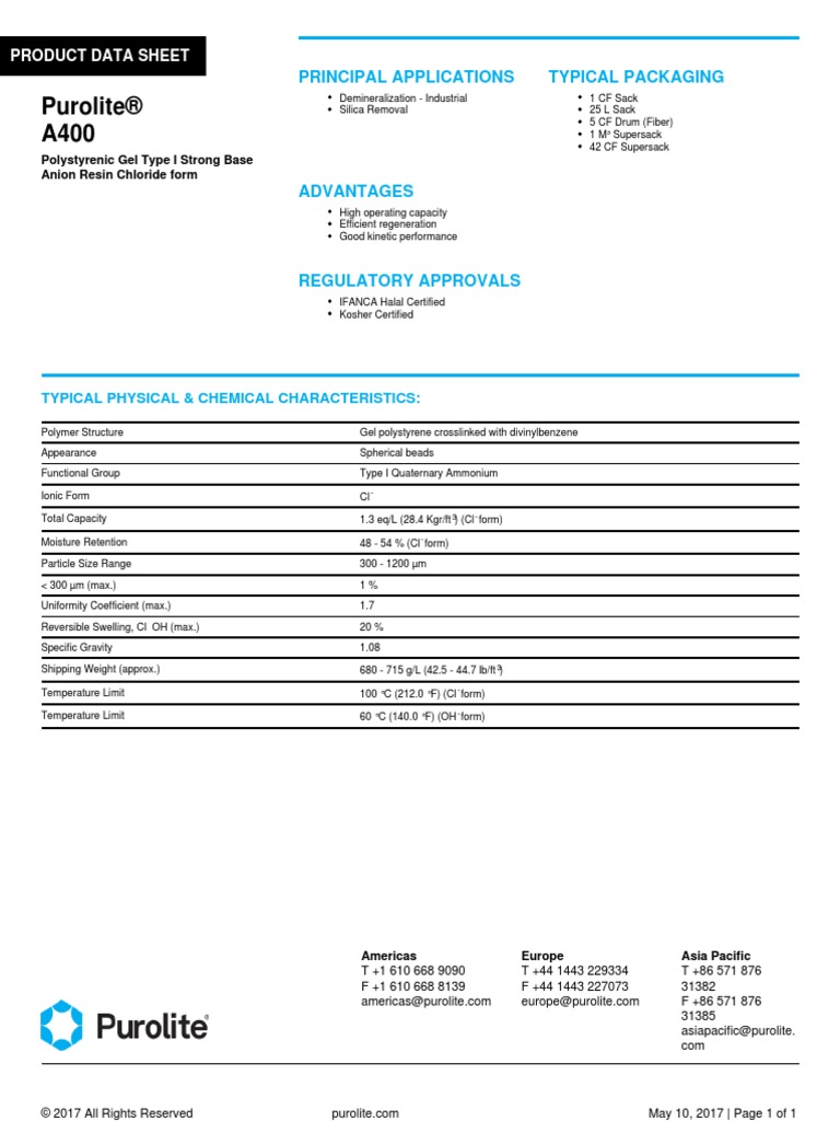 Purolite A400 | PDF | Chloride | Gel