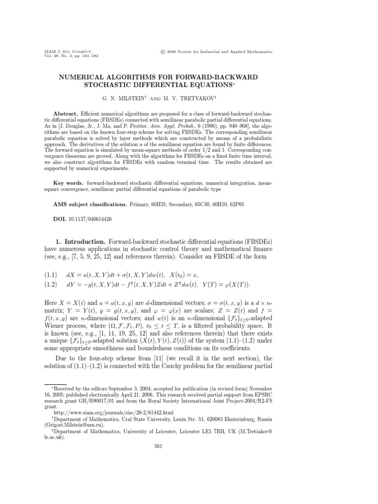 Numerical Algorithms For Forward Backward Stochastic Differential Equations Pdf Partial