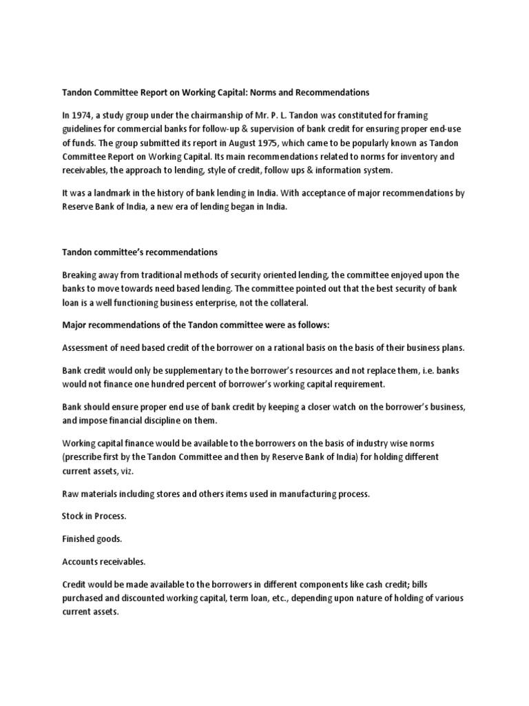 Tandon Committee Report On Working Capital | PDF | Loans | Credit (Finance)