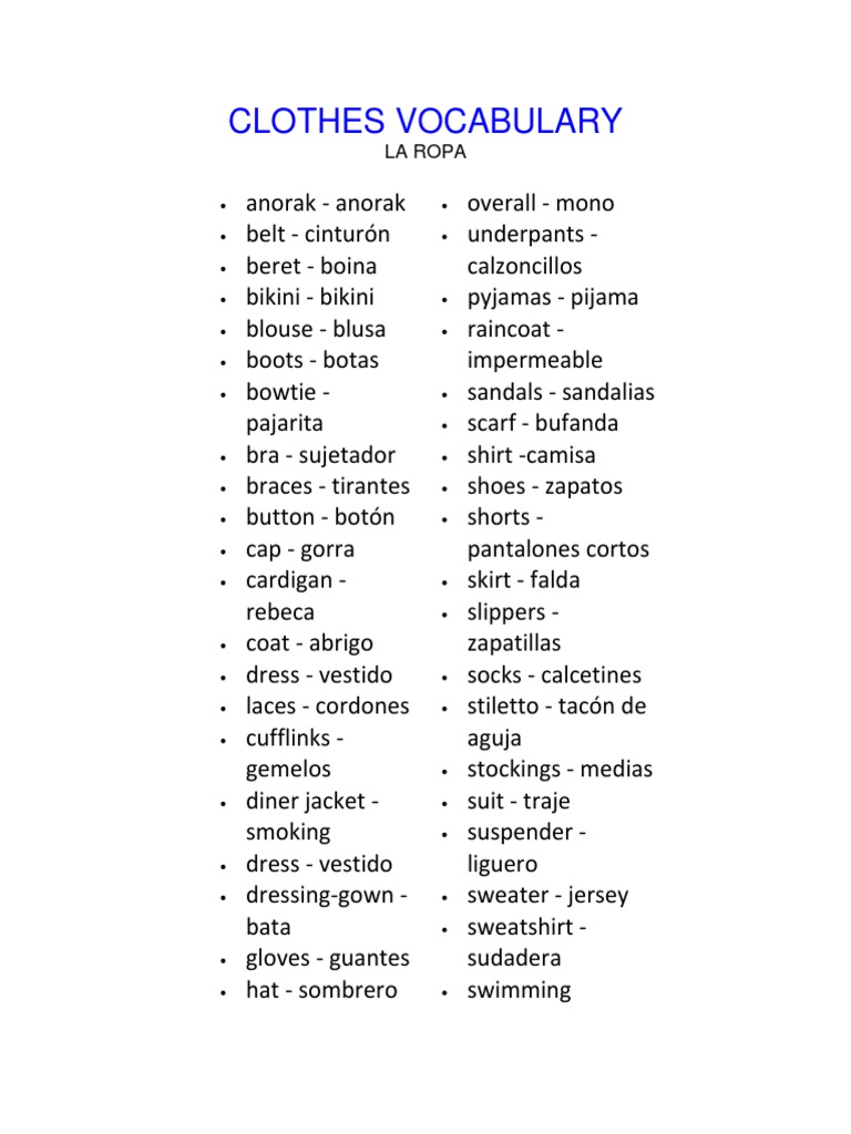 Clothes Vocabulary Spanish English | PDF