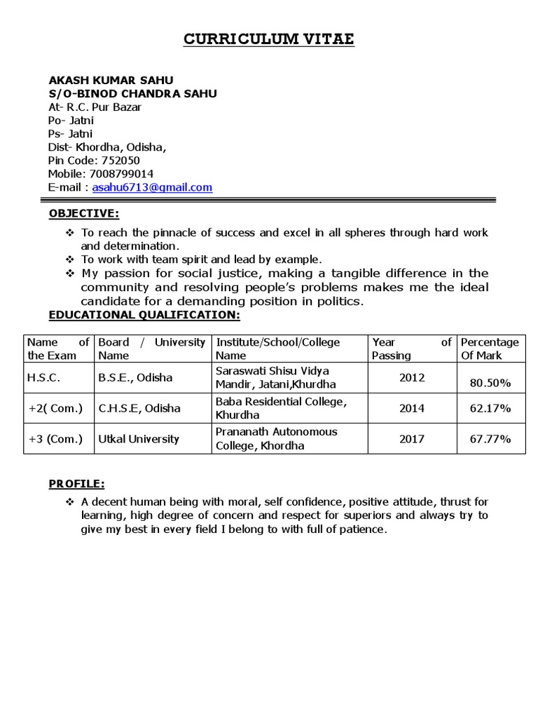 Curriculum Vitae: Akash Kumar Sahu S/O-Binod Chandra Sahu | PDF | Career & Growth | Wellness