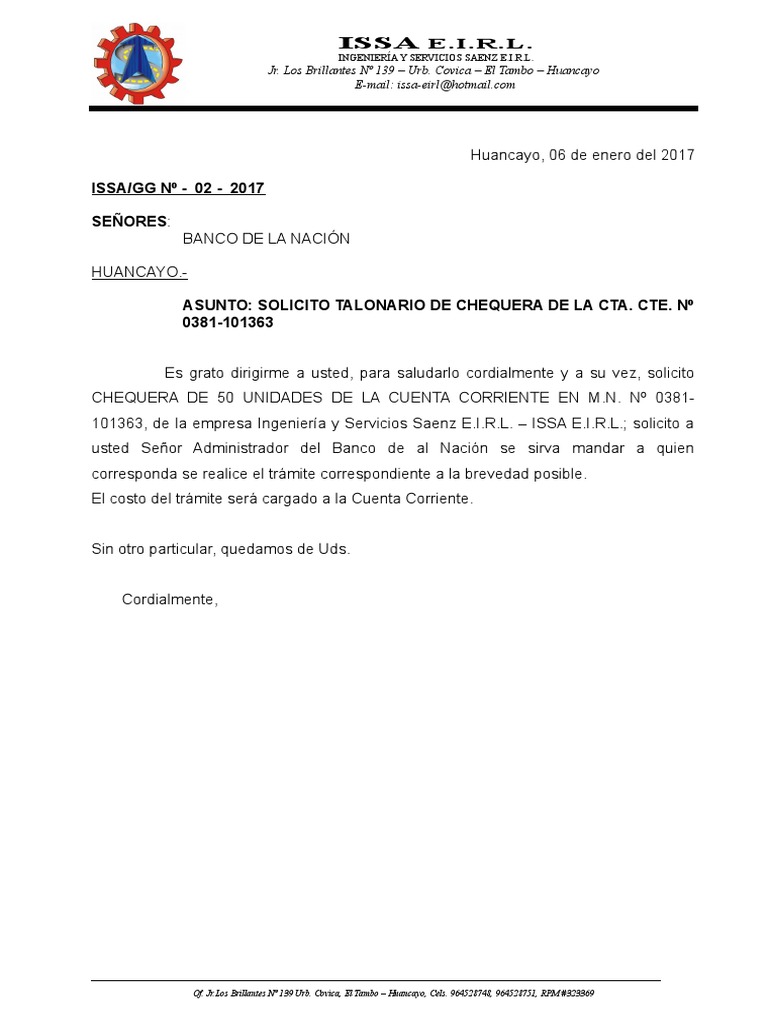 002 Cartas Solicitando Chequera Banco Nacionn | PDF