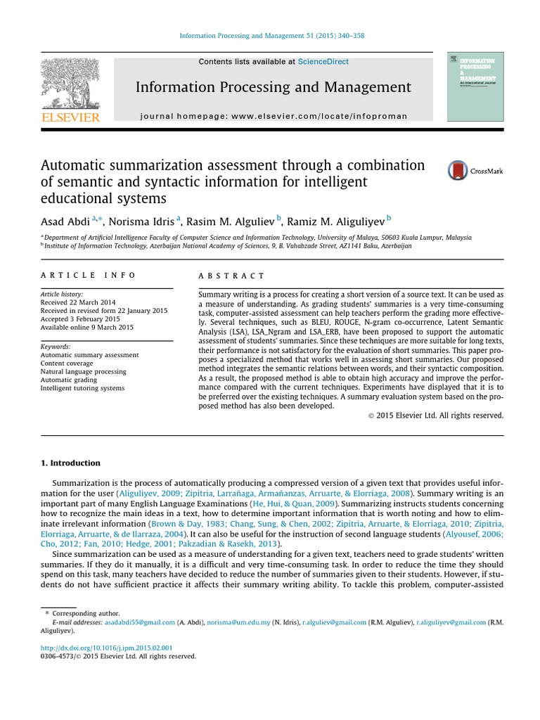Automatic Summarization Assessment Through A Combination Of Semantic And Syntactic Information