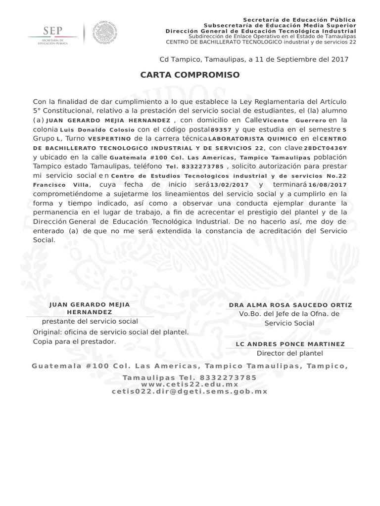 Carta Compromiso Servicio Social PDF | PDF | Educación avanzada