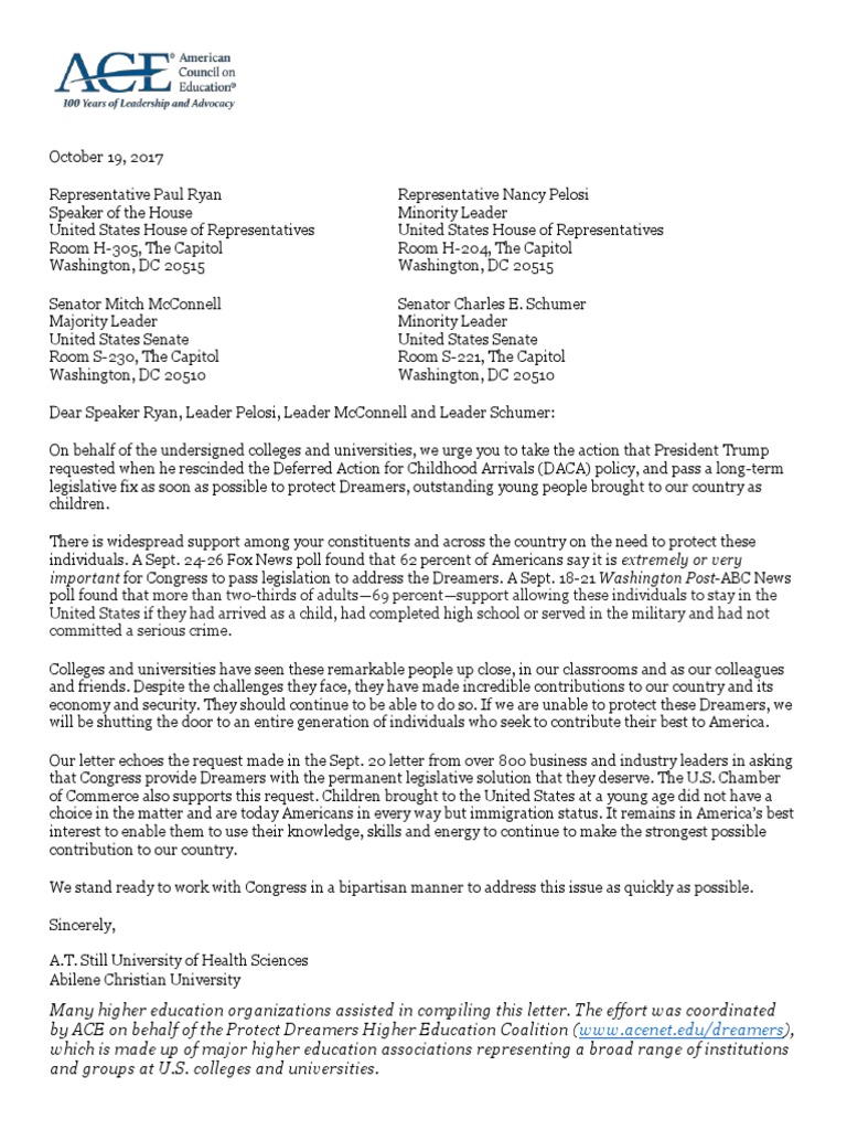 Letter To Congress On DACA Oct 2017 | PDF | United States House Of ...