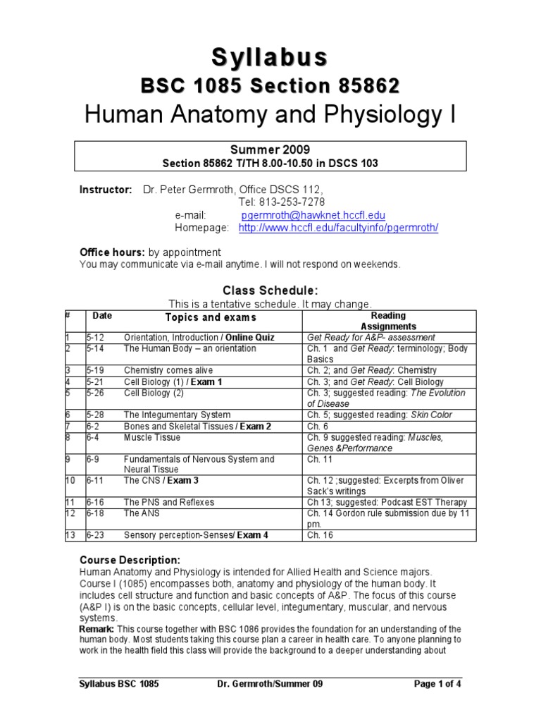 BSC 1085 Syl | PDF | Human Body | Nervous System