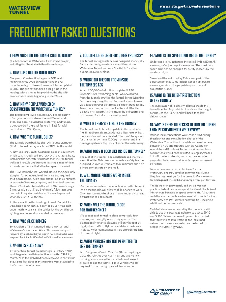 Waterview Tunnel Frequently Asked Questions | PDF | Tunnel | Traffic