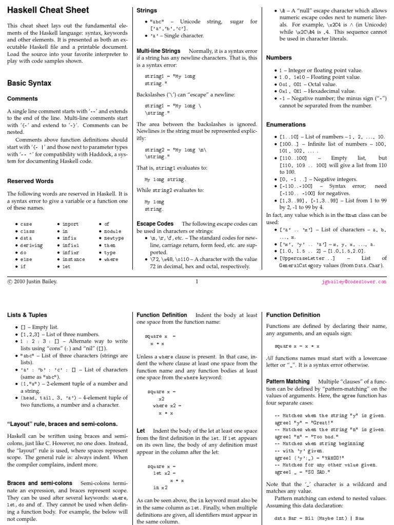 Haskell Cheatsheet | Download Free PDF | Anonymous Function | Data Type