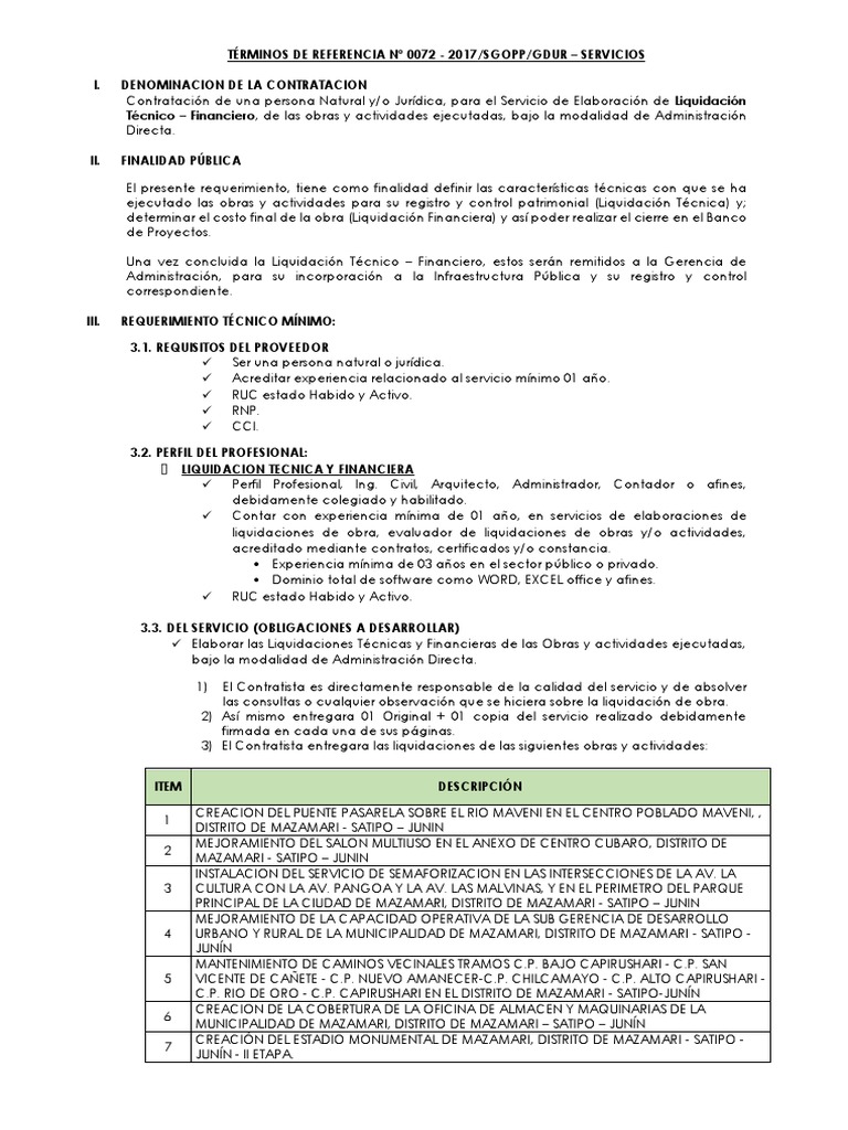 MODELO DE TDR | Arquitecto | Presupuesto
