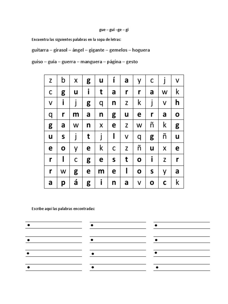 Sopa de Letras - Gue, Gui, Ge, Gi | PDF