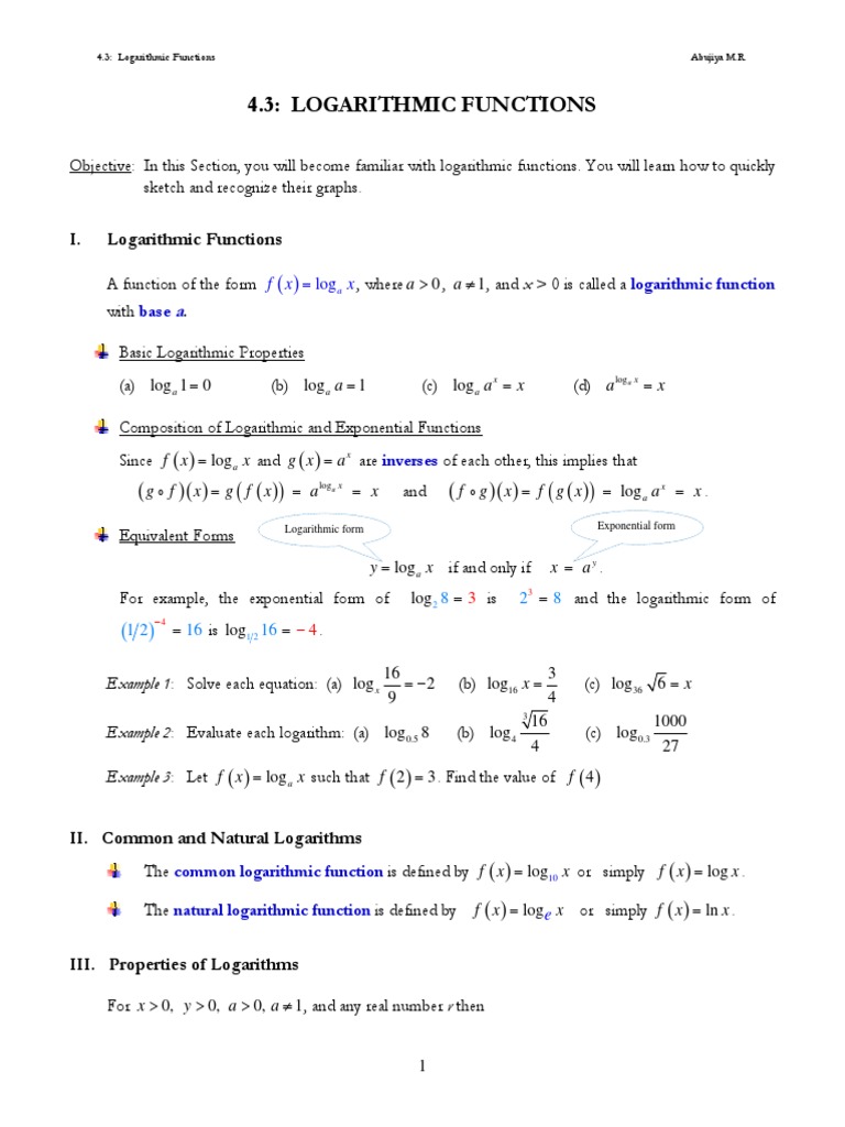 I. Logarithmic Functions | PDF | Logarithm | Function (Mathematics)