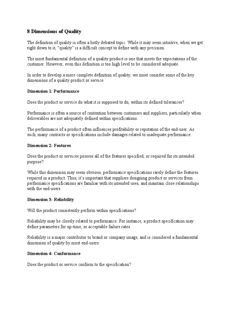 8 Dimensions of Quality | PDF | Reliability Engineering | Specification ...