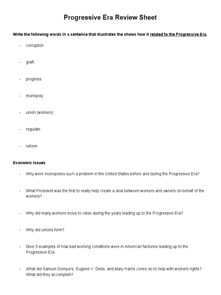 Progressive Era Review Sheet | PDF | Government Information | Public Sphere