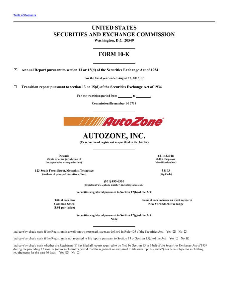 AutoZone Annual Report Overview | PDF | Form 10 K | Aftermarket ...