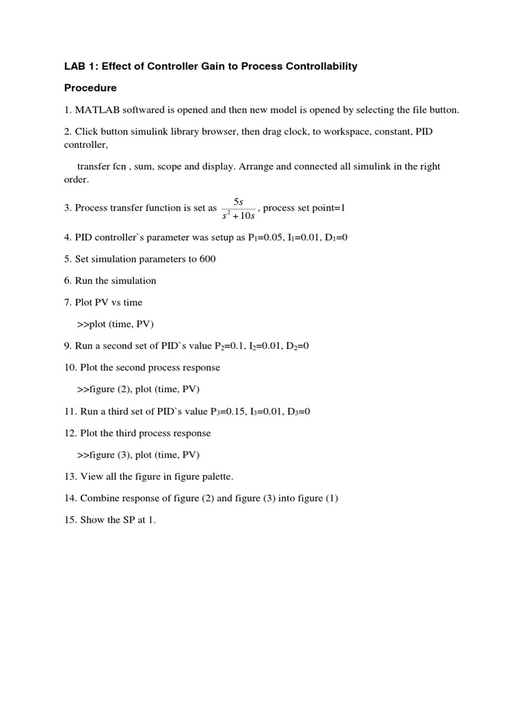 LAB 1: Effect of Controller Gain To Process Controllability Procedure | PDF