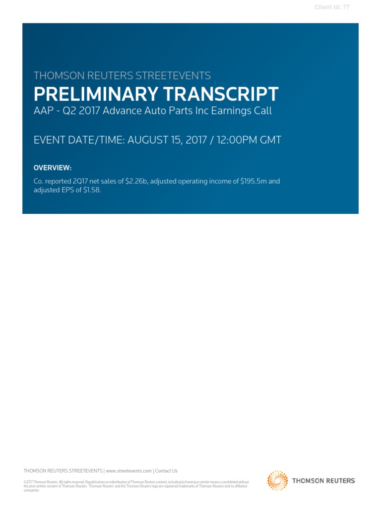 Preliminary Transcript: Thomson Reuters Streetevents | PDF | Inventory ...