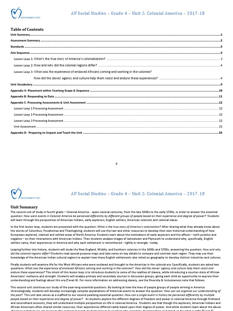 Grade 4 Colonial America Unit Overview | PDF | Educational Assessment ...