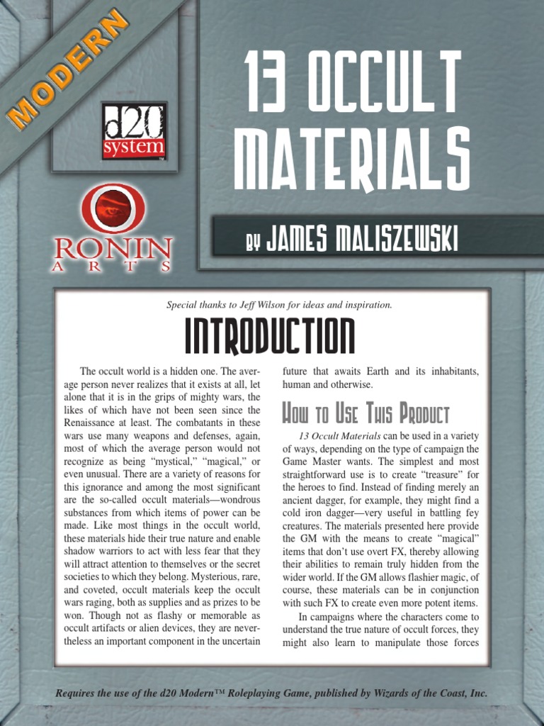 d20 Ronin Arts Modern 13 Occult Materials | PDF | Copyright | Alchemy