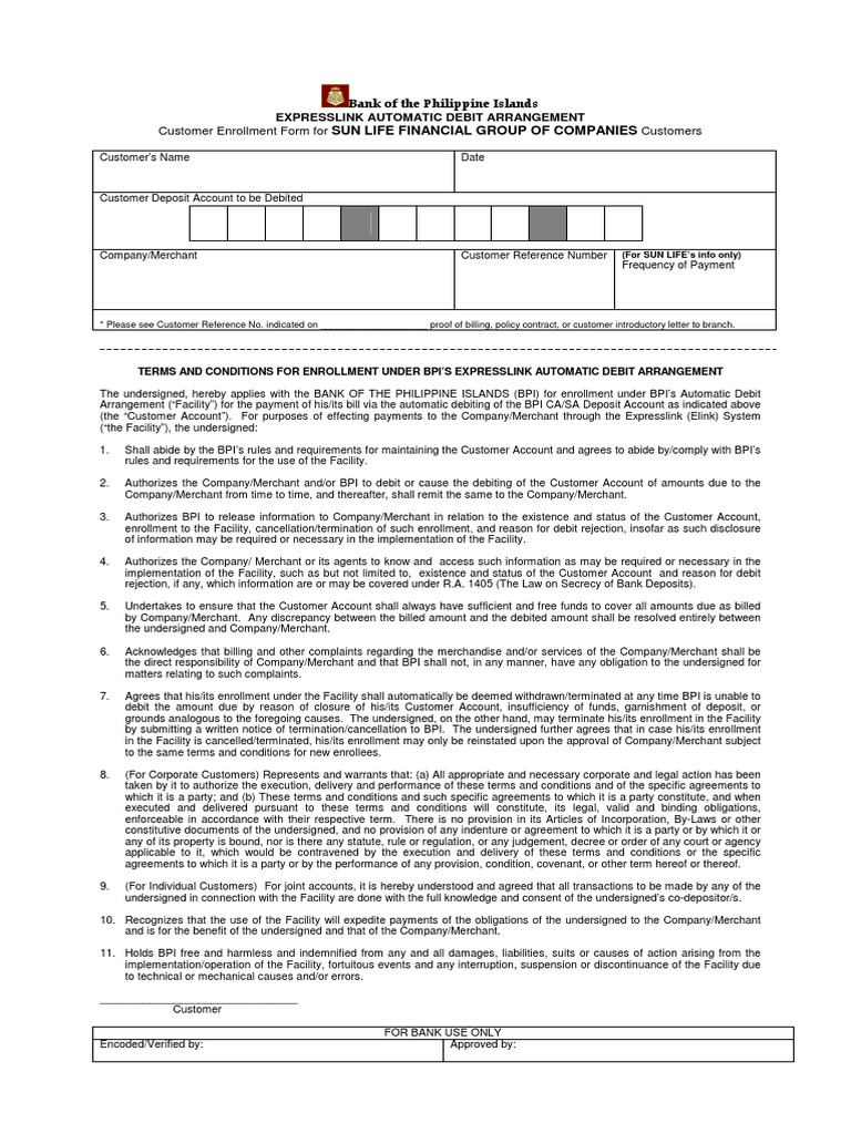 BPI Automatic Debit Arrangement | Debit Card | Contractual Term