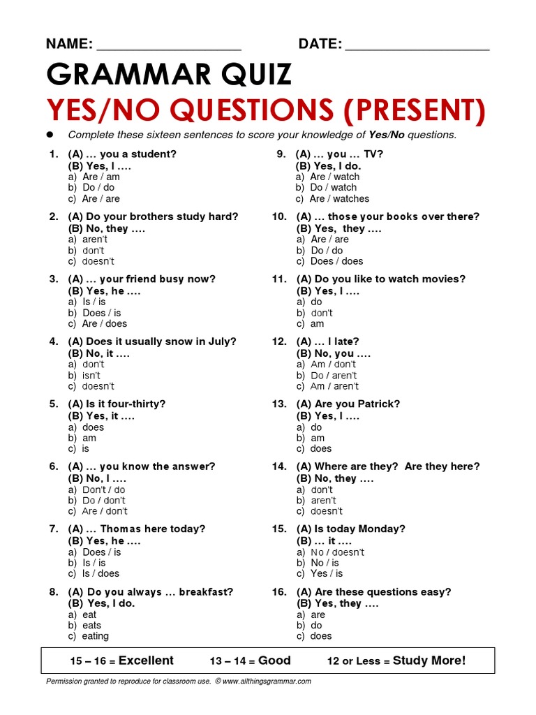 Grammar Quiz: Yes/No Questions (Present) | PDF | Quality Of Life ...