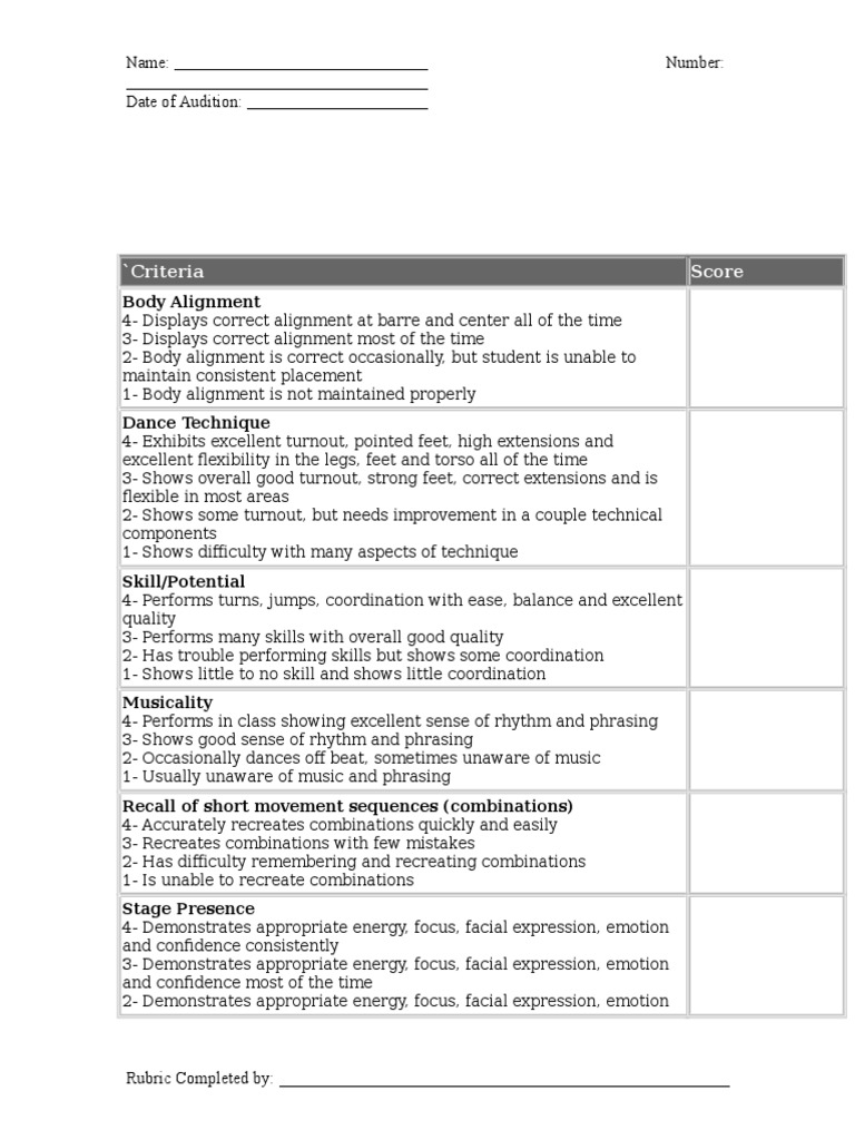 Dance Audition Rubric | PDF