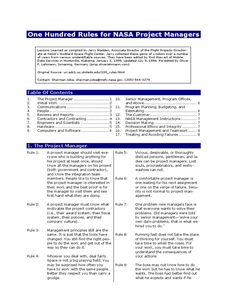 Nasa Hundred Rules For Project Managers | Download Free PDF ...