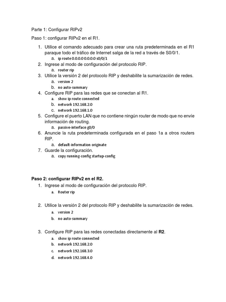 7.3.1.8 Packet Tracer - Configuring RIPv2 Instructions (COMANDOS) | PDF | Enrutador (Computación ...