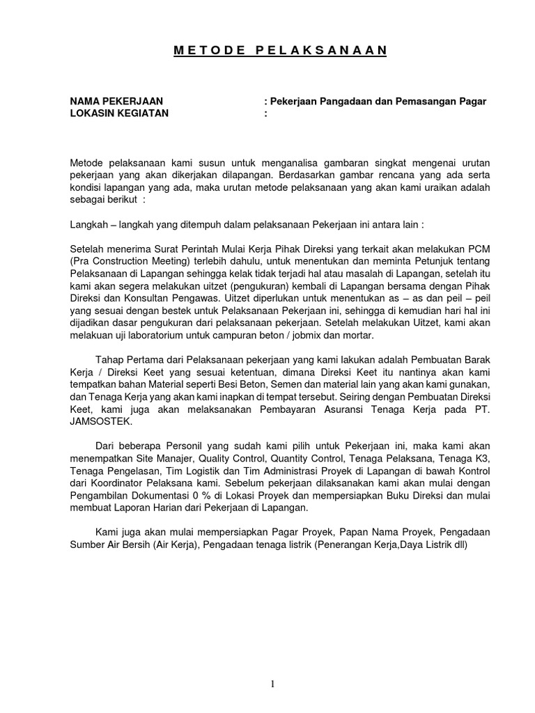 Metode Pelaksanaan Pekerjaan Pagar | PDF | Griya & Taman | Sains ...