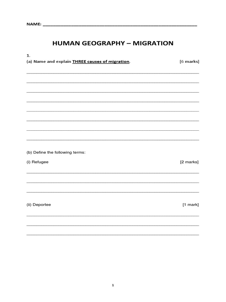 Migration Worksheet | PDF | Immigration | Human Migration