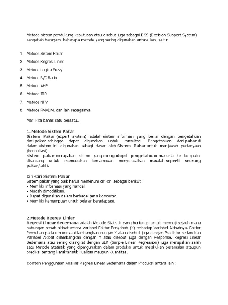 Metode Sistem Pendukung Keputusan Atau Disebut Juga Sebagai DSS | PDF