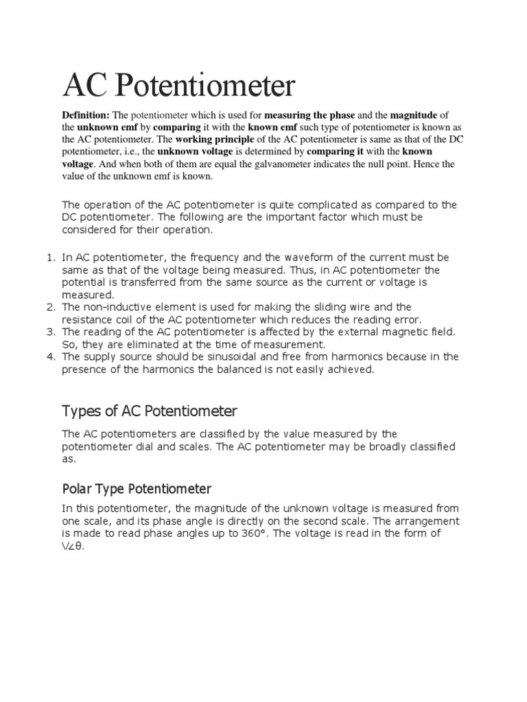 AC Potentiometer | PDF | Voltage | Alternating Current