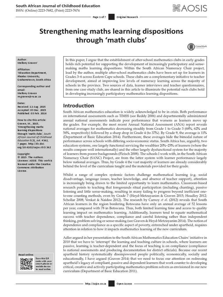 Strengthening Maths Learning Dispositions Through Math Clubs' | PDF ...