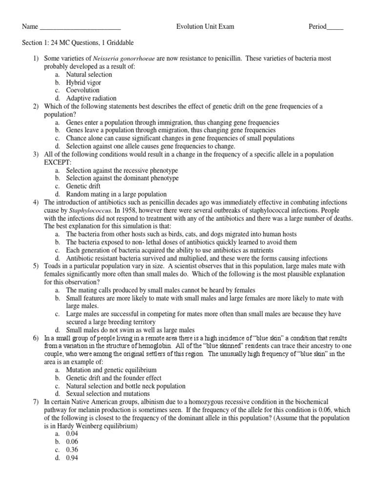 Evolution Unit Exam Part 1 2 | PDF | Evolution | Gene