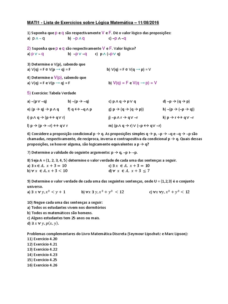 Exercícios de Lógica Matemática e Tabelas Verdade | PDF