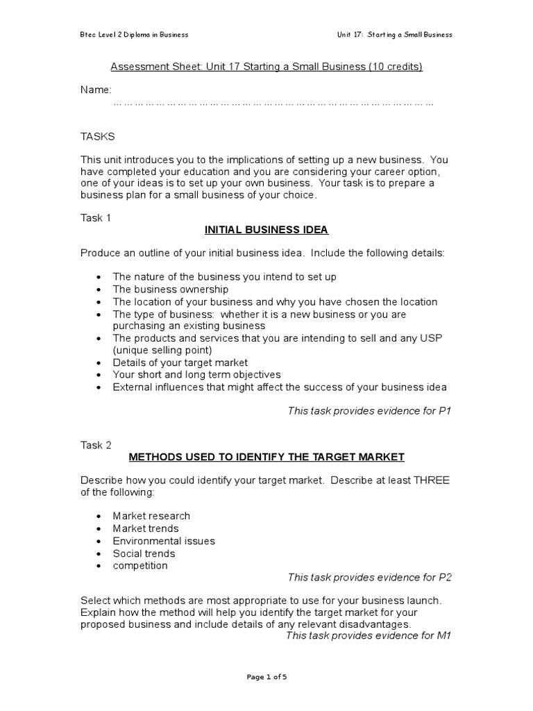 Unit 17 Assignment Brief | PDF | Business Plan | Small Business