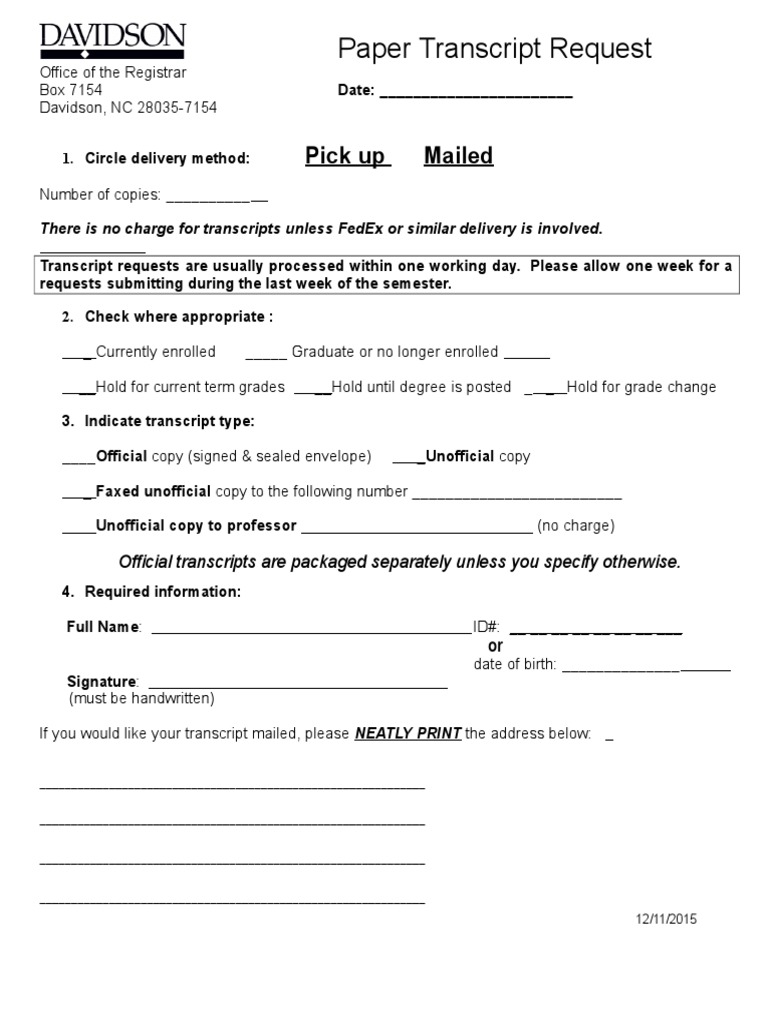 Paper Transcript Request: Pick Up Mailed | PDF