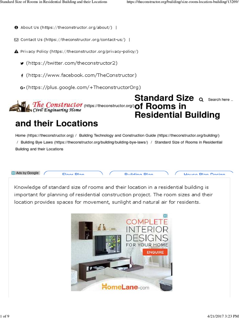 Standard Size of Rooms in Residential Building and Their Locations ...