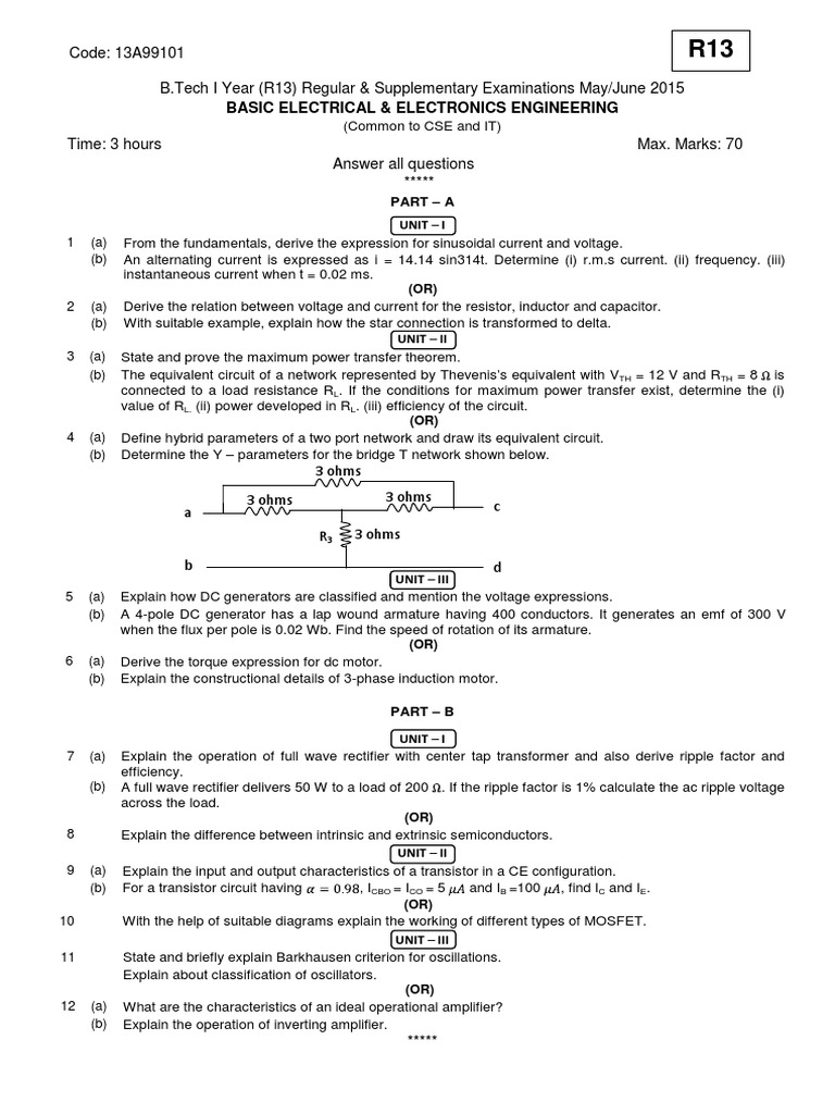 13A99101 Basic Electrical and Electronics Engineering PDF | PDF | Electrical Network | Rectifier