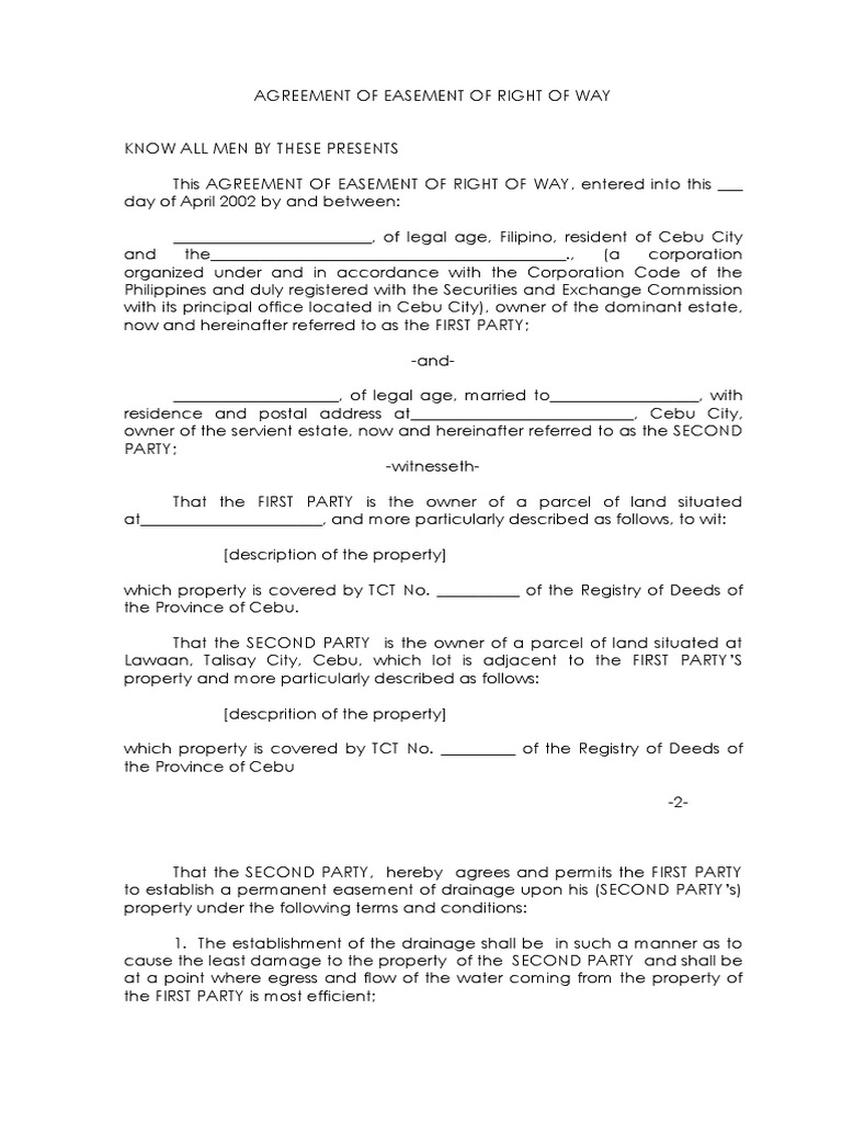 Agreement of Easement of Right of Way | PDF | Easement | Land Lot
