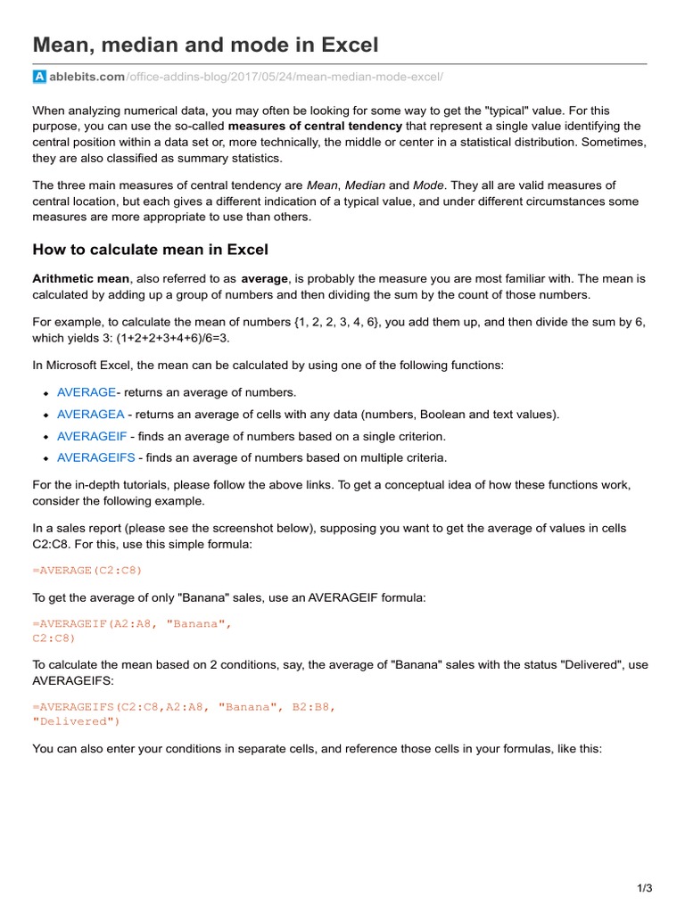 Mean Median and Mode in Excel | PDF | Arithmetic Mean | Mode (Statistics)
