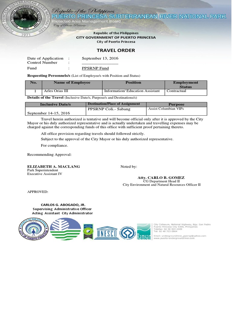 Travel Order: City Government of Puerto Princesa | PDF