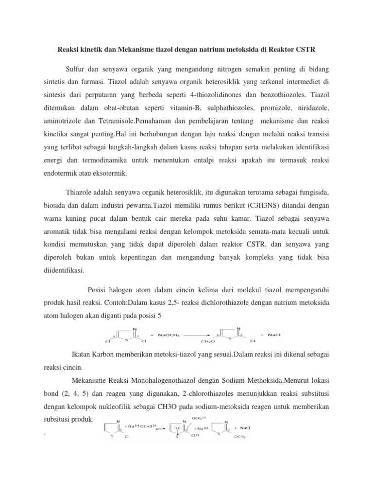 Reaksi Kinetik Dan Mekanisme Tiazol Dengan Natrium Metoksida Di Reaktor ...
